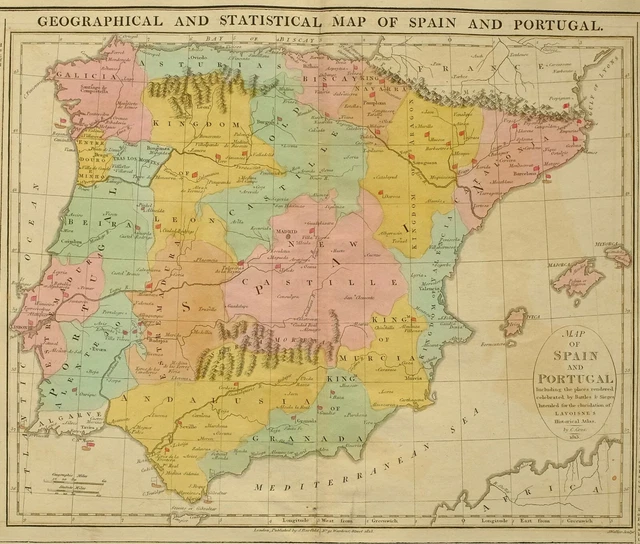 1813 GRAND MAIN Coloré Carte Généalogie & Statistique Espagne ...