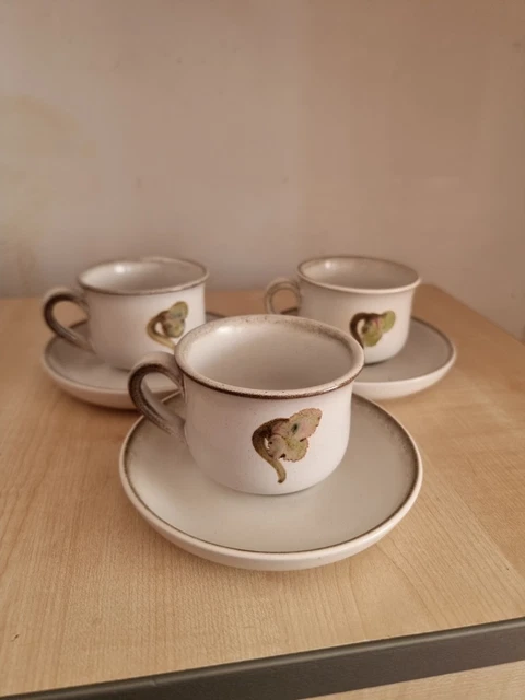 VINTAGE DENBY ENGLAND Coffee Cups &Saucers Set of 3–Rustic Leaf Pattern ...