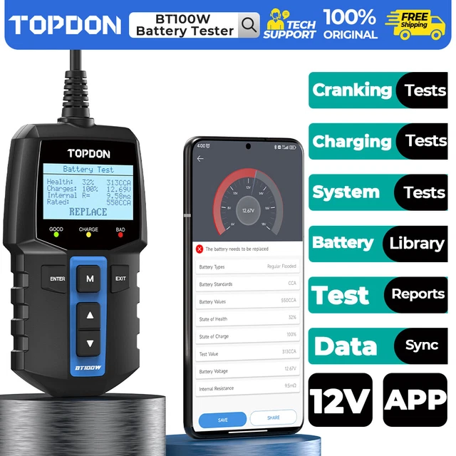 TOPDON BT100W BATTERY Analyzer Tester Charging Cranking System Load 12V ...