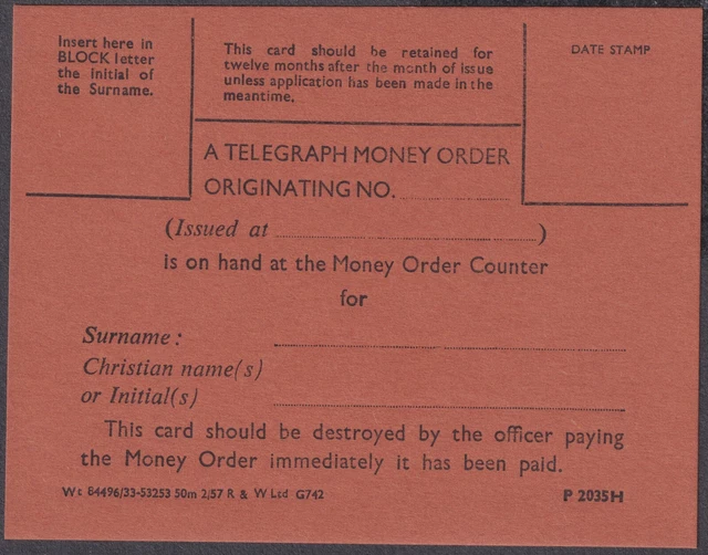 TELEGRAPH MONEY ORDER Originating Mint Card per scans £12.50 - PicClick UK