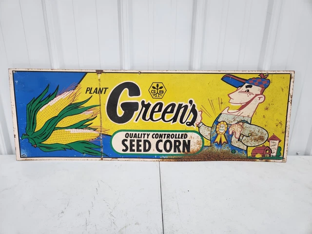VINTAGE ORIGINAL GREEN'S Seed Corn Sign Farm Feed Tractor John Deere ...