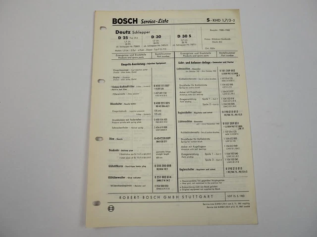 BOSCH SERVICE LISTE für Deutz D25 D30 D30S Schlepper 1960 - 1963 EUR 12,90 - PicClick DE