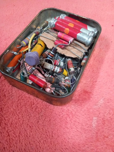 COLLECTION OF VINTAGE Erie Dog Bone Resistors &others out of old tin ...