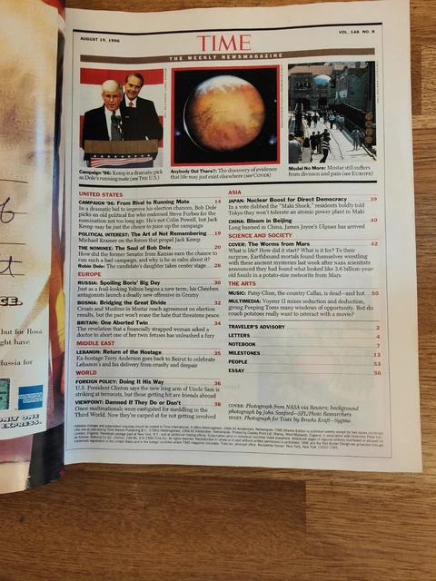 MAGAZINE - TIME Magazine August 1996 Life On Mars Bob Dole £4.00 ...