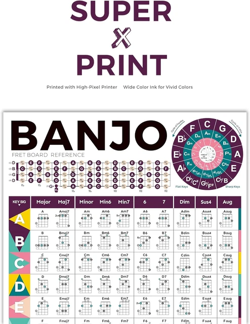 BANJO CHORD CHART Poster with Essential Banjo Chords, Banjo Fretboard ...