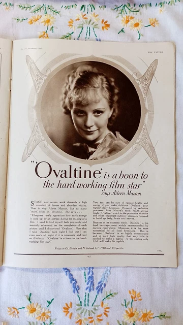 1936 FULL-PAGE TATLER advert Ovaltine with film star Aileen Marson £11. ...