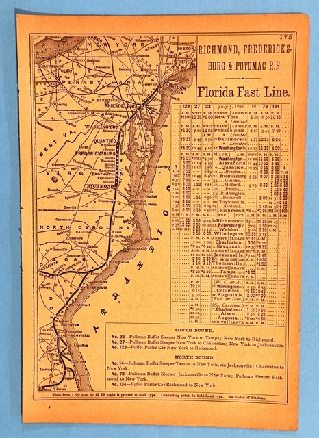 ORIGINAL ANTIQUE 1892 Railroad Map: FLORIDA FAST LINE: Richmond ...