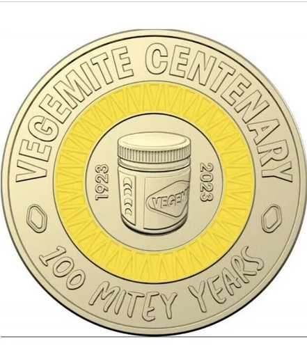 2023 AUS $2 Dollar Coin Vegemite Centenary 100 Mitey Years Yellow ...
