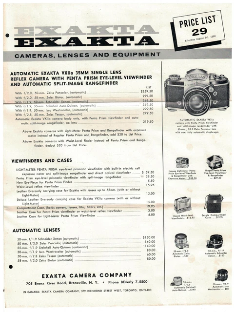 1960 EXAKTA CAMERA Brochure Price List £18.89 - PicClick UK