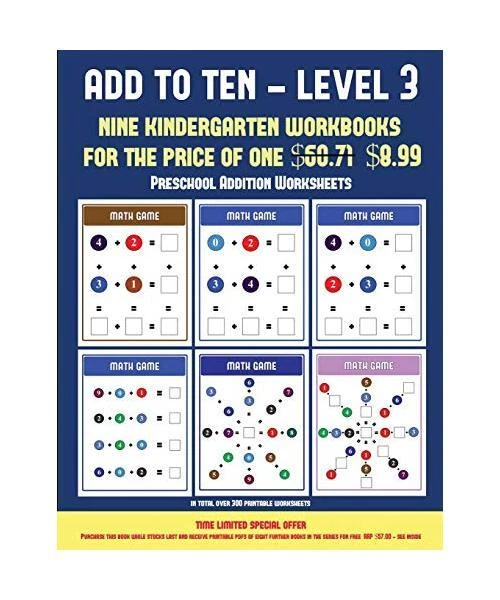 PRESCHOOL ADDITION WORKSHEETS ((Add to Ten - Level 3): 30 Full Color ...