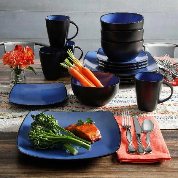 DINNERWARE SET 16-PIECE Plates Bowls Mugs Dishes Stoneware Square ...