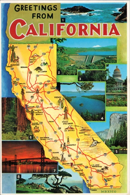 POSTCARD MAP CALIFORNIA - map of highways and pictures - Greetings from ...