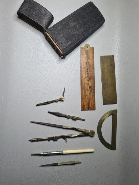 ANTIQUE EDWARDIAN SHAGREEN Leather Cased Drafting Tool Kit ...