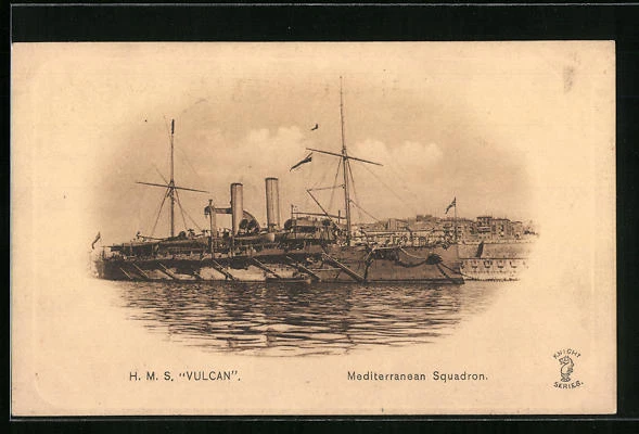 BRITISH WARSHIP HMS Vulcan of the Mediterranean Squadron Anchored £7.00 ...