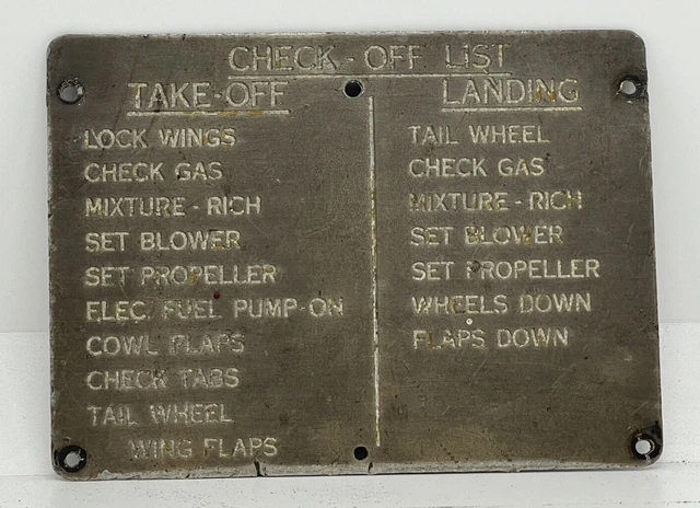 ORIGINAL GRUMMAN F6F Hellcat Cockpit Check-Off List Metal Plate £513.92 ...