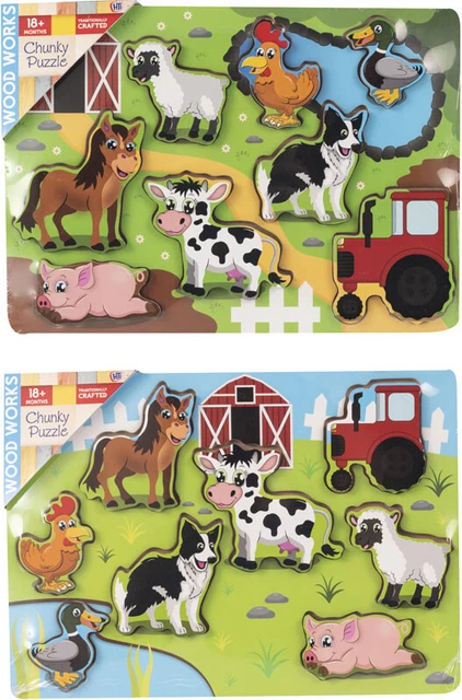 8PC CHUNKY FARM Animals Wooden Jigsaw Puzzle Kids Educational Learning ...