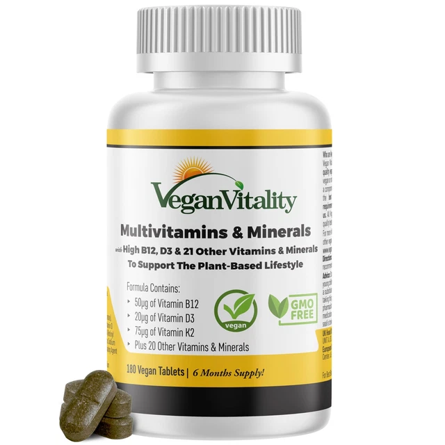 VEGAN MULTIVITAMINS & Minerals with High Strength Vitamin B12, D3 & K2 ...