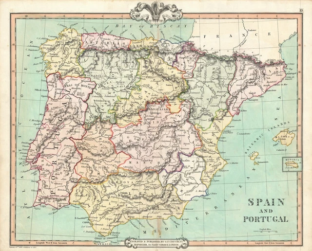 1850 CRUCHLEY MAP of Spain and Portugal £137.30 - PicClick UK