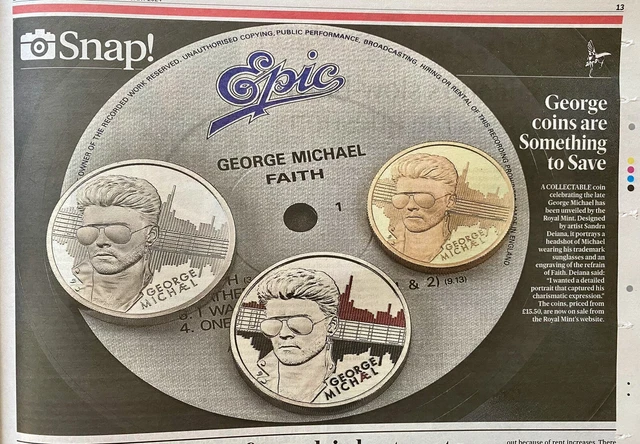 GEORGE MICHAEL FAITH Royal Mint New Coins Sandra Deiana Newspaper ...