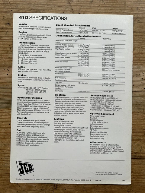 JCB 410 LOADER Leaflet.. 1980s Classic Wheeled Shovel Digger £13.25 ...