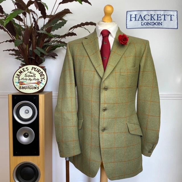 HACKETT LONDON (42L) Windowpane Tweed Shooting Jacket Bold Overcheck ...