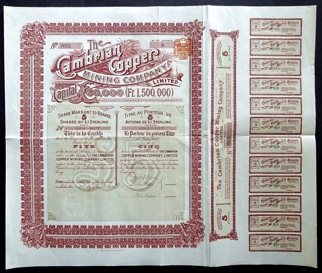 WELSH COPPER MINE The Cambrian Copper Mining Co. Ltd 5x£1 shares Cert ...