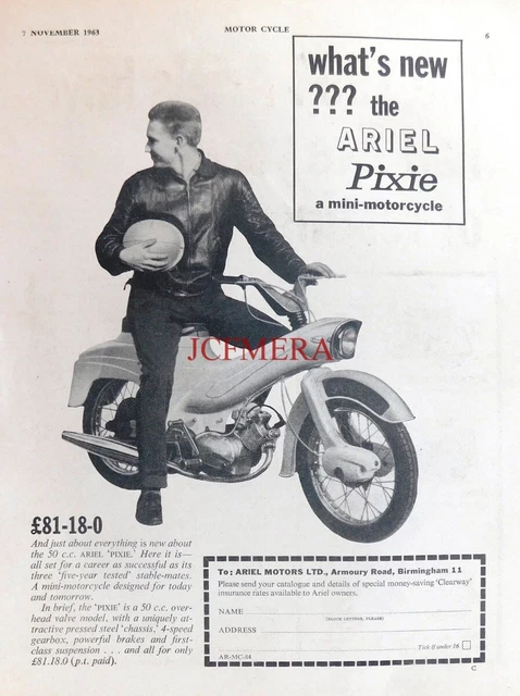 ARIEL 50CC 'PIXIE' Moped Original 1963 Motor Cycle Advert : 669/25 £3. ...
