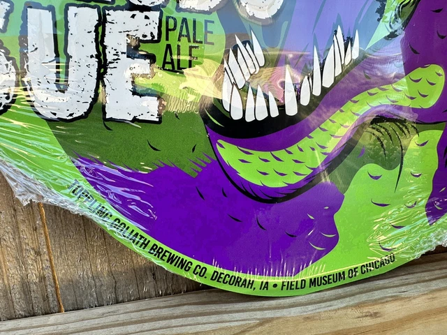 TOPPLING GOLIATH BREWIN T-REX Dinosaur BEER Sign Tin Tacker IOWA ...