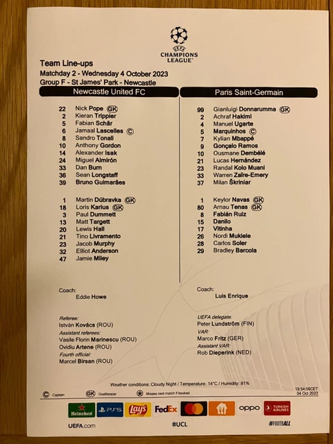NEWCASTLE V PARIS Saint-Germain 04/10/23 UCL Gruppo F MD2 A4 line-up ...