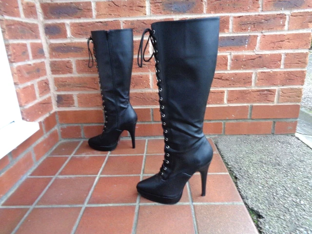 SXXY BLACK PU Leather Front Corset Platform Boots * 7 uk * DOMINATRIX ...