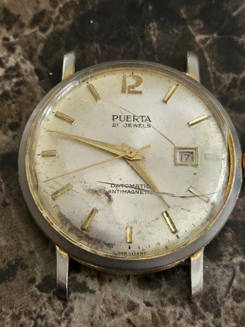 VINTAGE MENS WATCH Puerta 21 Jewels Ultra Flat Datomatic Movement good ...