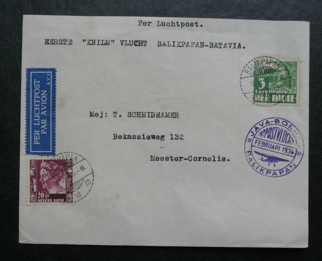 NETHERLANDS INDIES 1ST KNILM Flight Cover Balikpanan-Batavia 1936 $29. ...