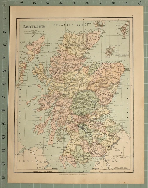 C1910 MAP SCOTLAND INVERNESS PERTH ABERDEEN FIFE SUTHERLAND EDINBURGH ...