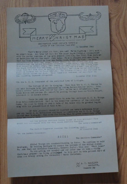 1944 WWII GENERAL McAuliffe's Famous Merry Christmas message Battle of ...
