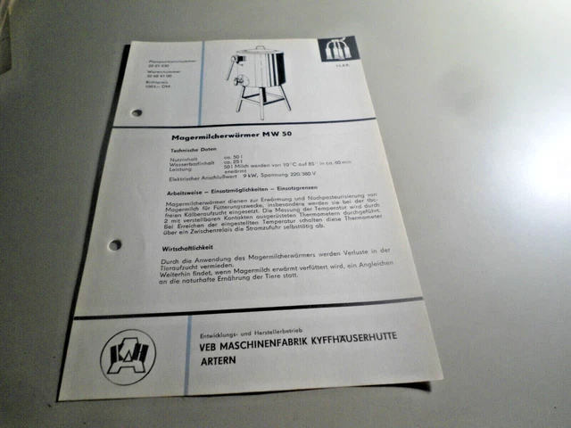 ALTES DATENBLATT LANDWIRTSCHAFT DDR Mageermilcherwärmer EUR 14,00 ...