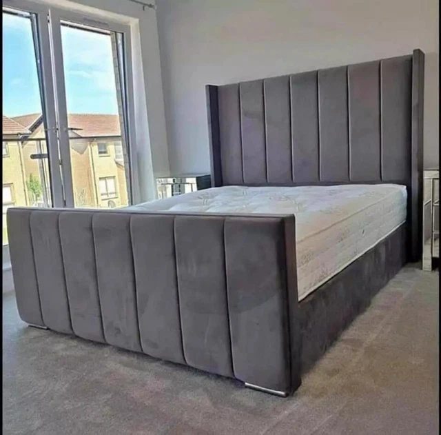 WINGED PANEL BED Frame Plush Velvet Upholstered Ottoman Gas Lift ...