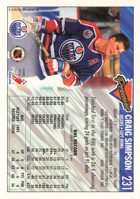 CRAIG SIMPSON 1993 Topps Premier #231 Oilers d'Edmonton EUR 1,80 ...