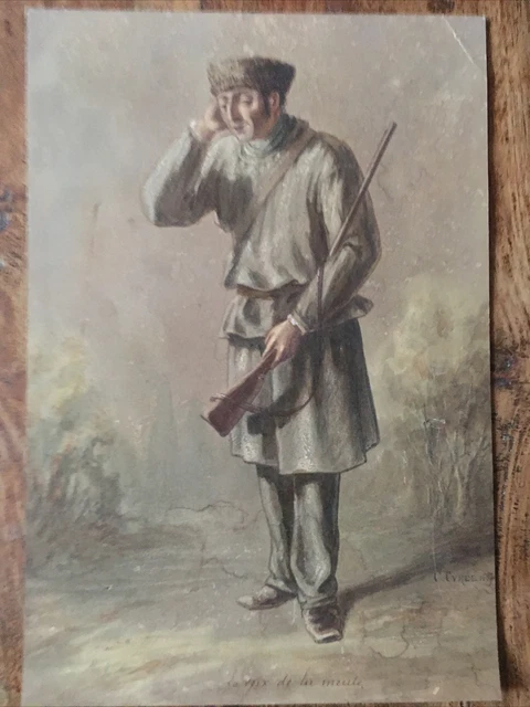 « LA VOIX DE la meute/chasse» Aquarelle ancienne 1879, Signée C.Curel ...