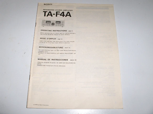 NOTICE MANUEL MODE d'emploi d'origine ampli amplificateur SONY TA-F4A ...