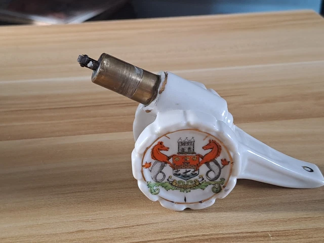SHELLEY CHINA CRESTED ware canon with adapted trench art lighter ...
