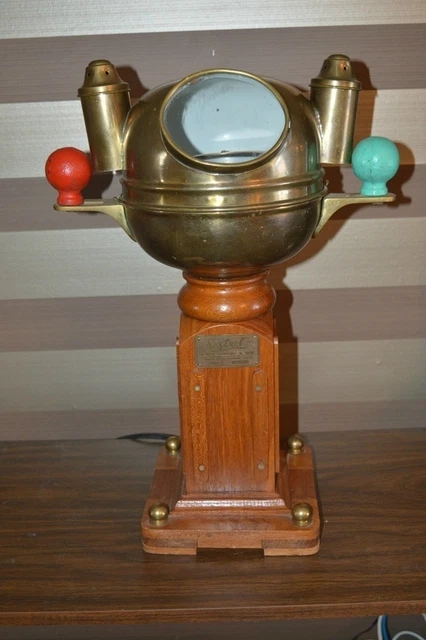 ANTIQUE SESTREL BRASS Binnacle, Gimbal Marine Compass w/ Wooden Ship ...