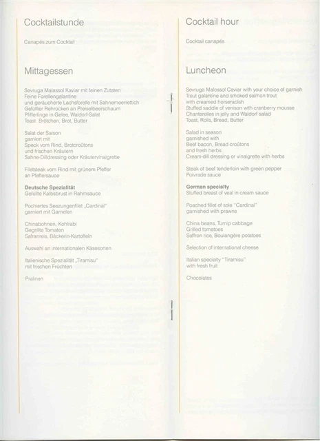 LUFTHANSA AIRLINE FIRST Class Menu & First Class Beverages Booklet 1992 ...