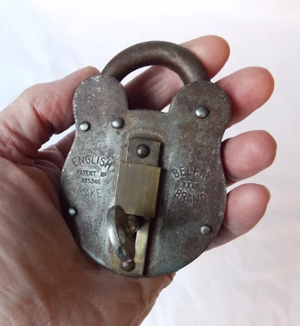 VINTAGE BELFRY 4 Lever Padlock & Key. Brass Sliding Key Plate. Large 4 ...
