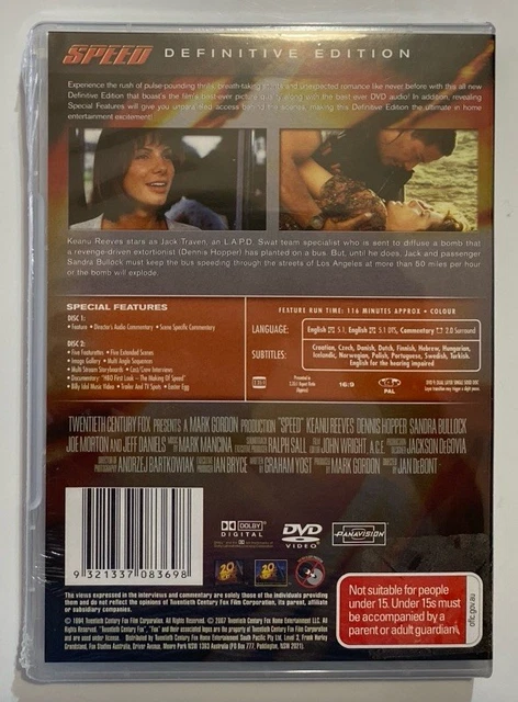 SPEED DVD DEFINITIVE Edition Movie Keanu Reeves Sandra Bullock Region 4 ...