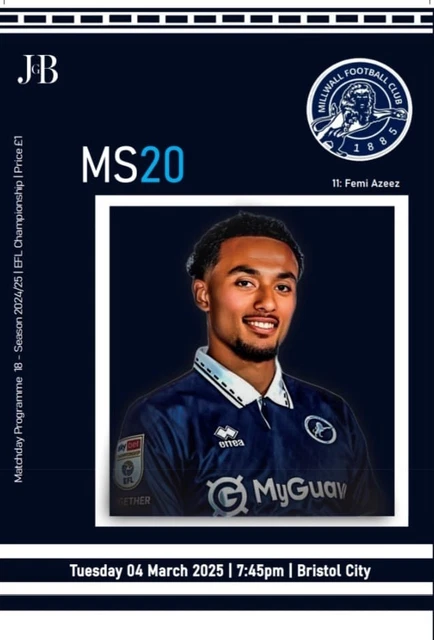 MILLWALL V BRISTOL City Football Programme March 2025 £2.80 - PicClick UK