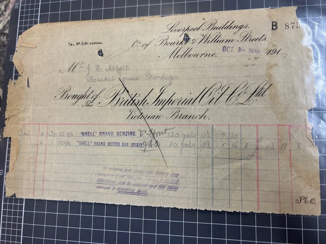 VINTAGE RECEIPT BRITISH Imperial Oil William St Melbourne Shell Petrol ...