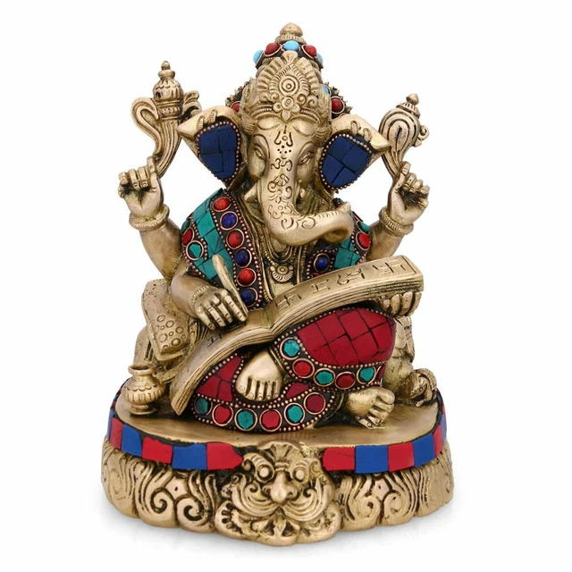 BRASS LORD GANESHA Ganpati Writing Sculpture Idol Statue Figurine 8 ...