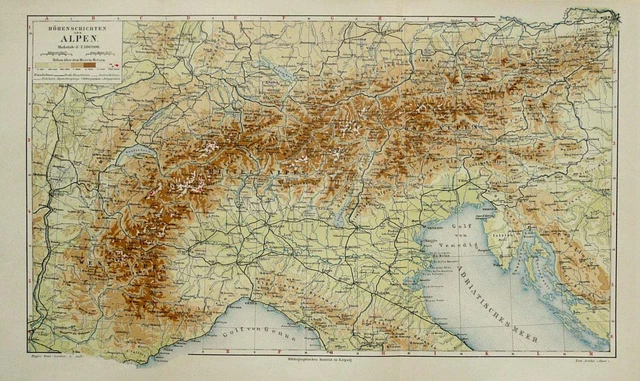1897 ANTIQUE PHYSICAL map of THE ALPS. Italy. Switzerland. 123 years ...