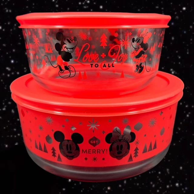 PYREX DISNEY HOLIDAY Mickey and Minnie Mouse Set 2 Storage Glass Food ...