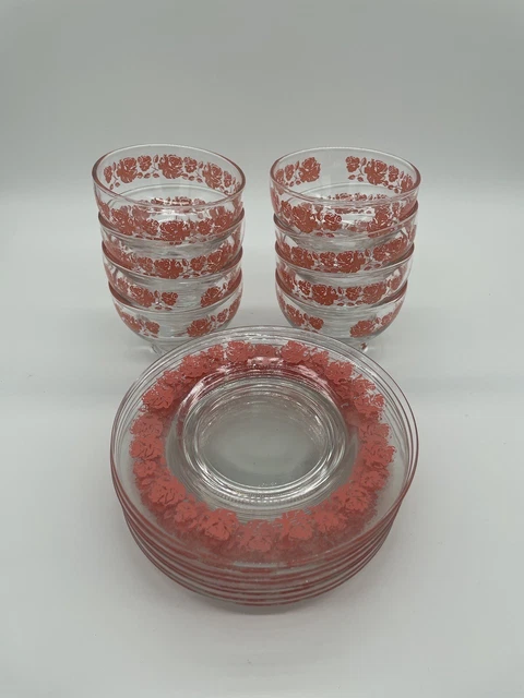 DOMINION GLASS PINK Rose Sherbert Fruit Bowls and Saucers Lot of 8 ...